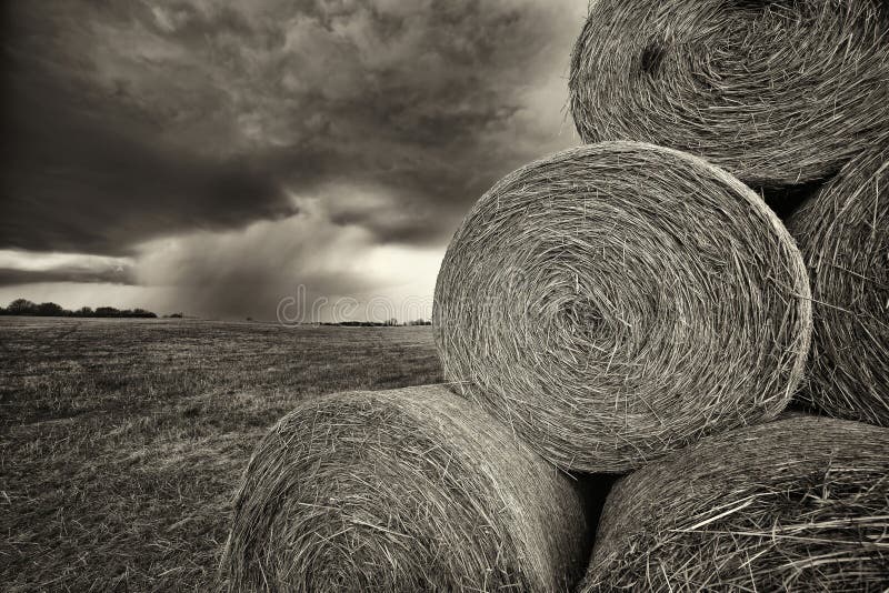 Spring Thunderstorm Approaches Hay Bales in Black and White Sepia Stock ...