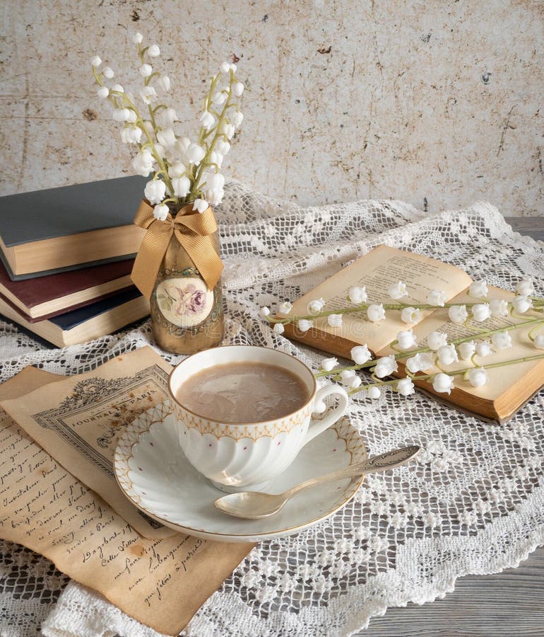Spring Time Coffee with Books and Flowers Stock Photo - Image of drink ...