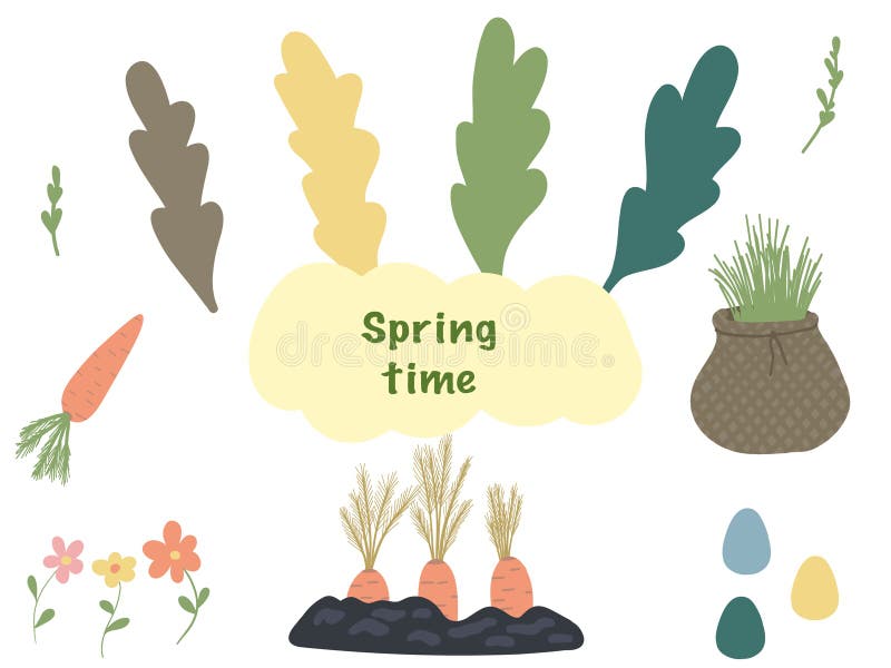 Spring Time is Coming Set with Grass Carrots and Flowers Stock Vector ...