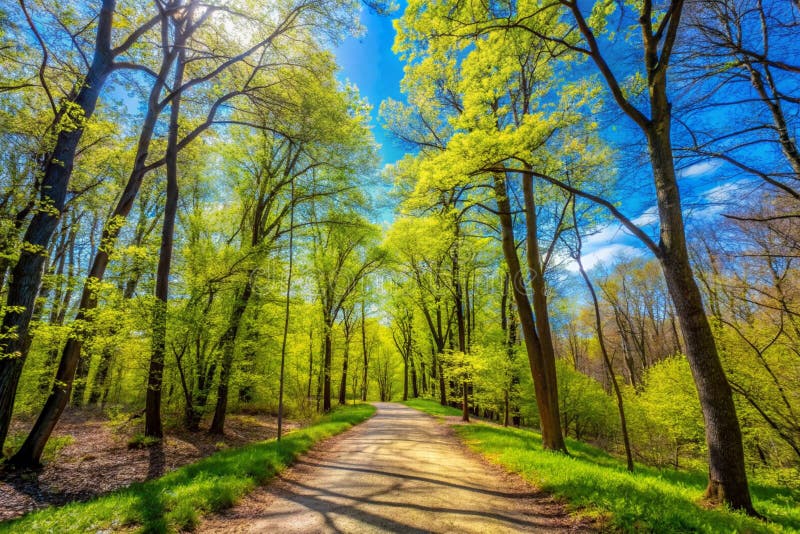 Spring Trail â€ Walking Path through the Woods with Green Leaves Stock ...