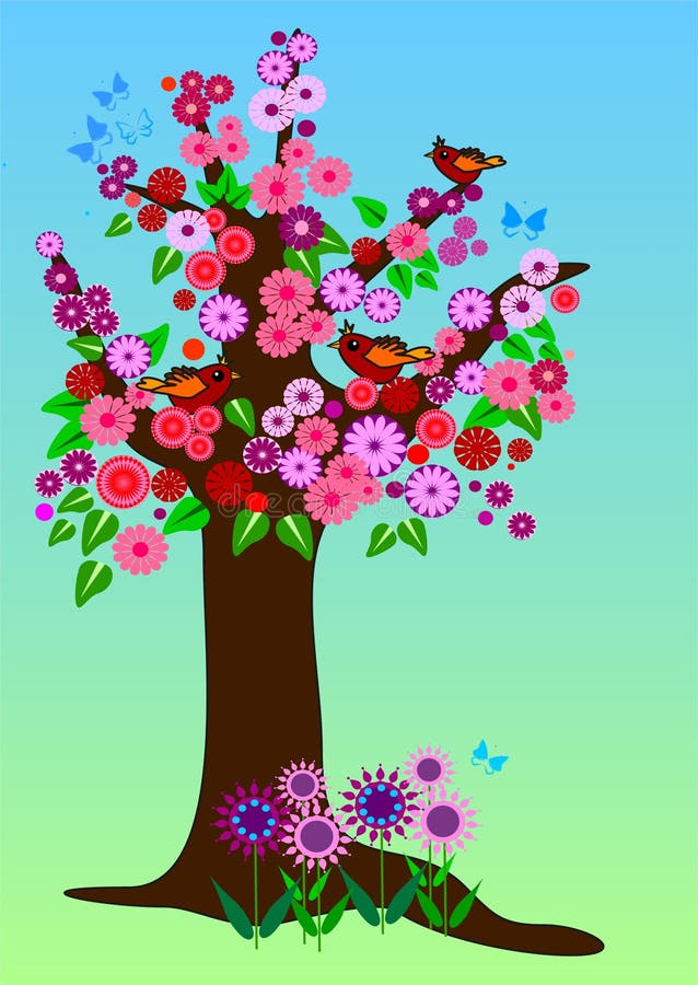 Spring tree with flowers stock illustration. Illustration of flora ...