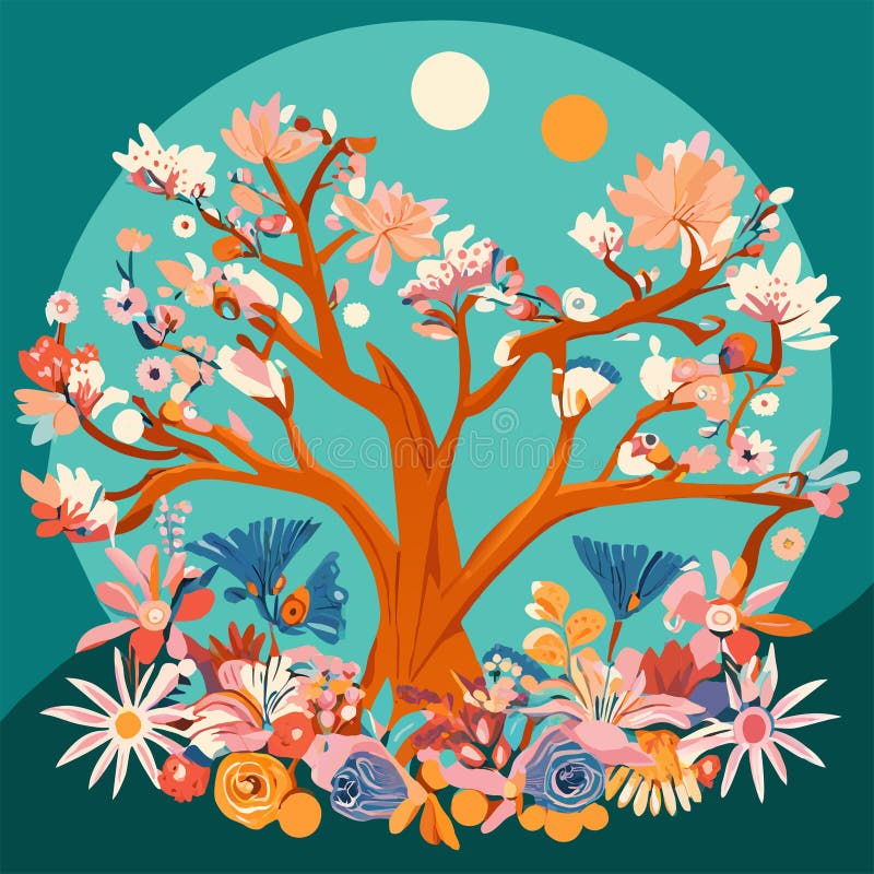 Spring Tree with Flowers. Vector Illustration in Flat Cartoon Style ...