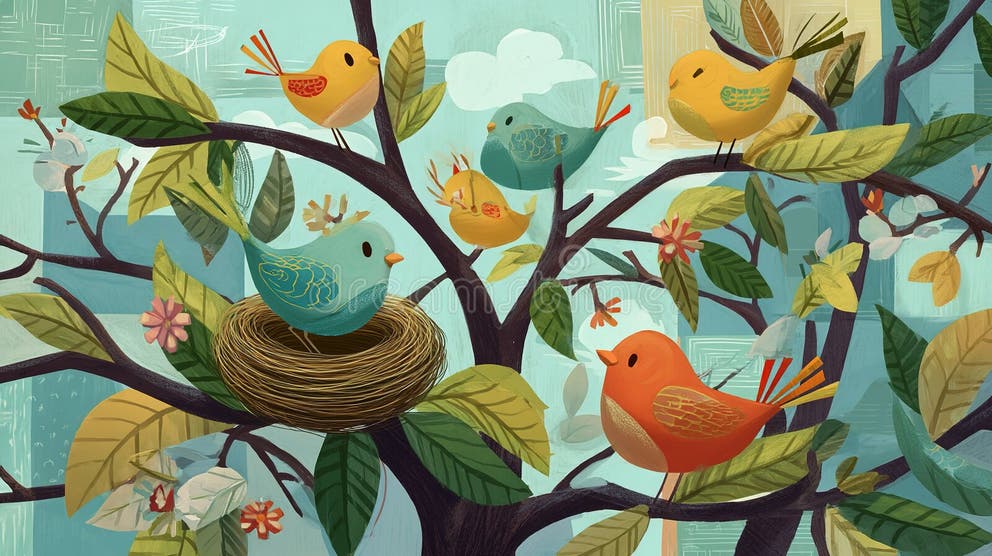 Spring Tree Nesting Birds Scene Stock Illustration - Illustration of ...