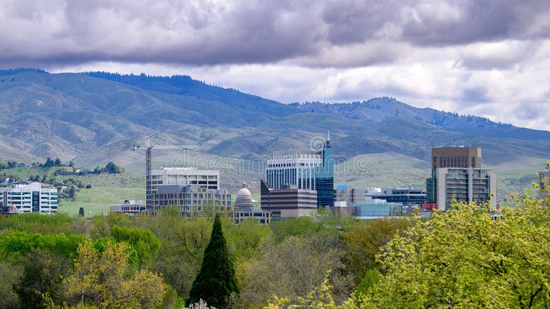 Spring Trees in Boise City Park with Skyline Stock Photo - Image of ...