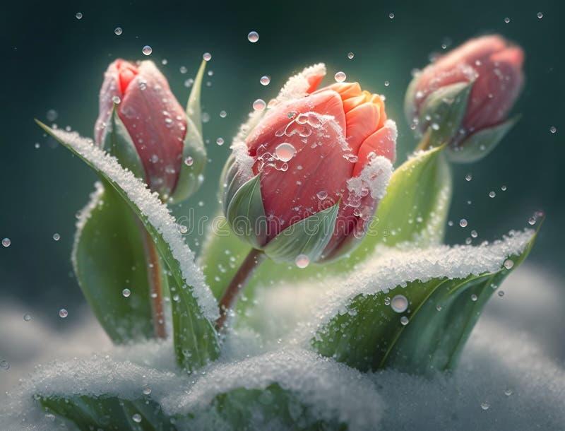 Spring Tulips Blooming Under the Snow Covered with Ice Crystals Stock ...