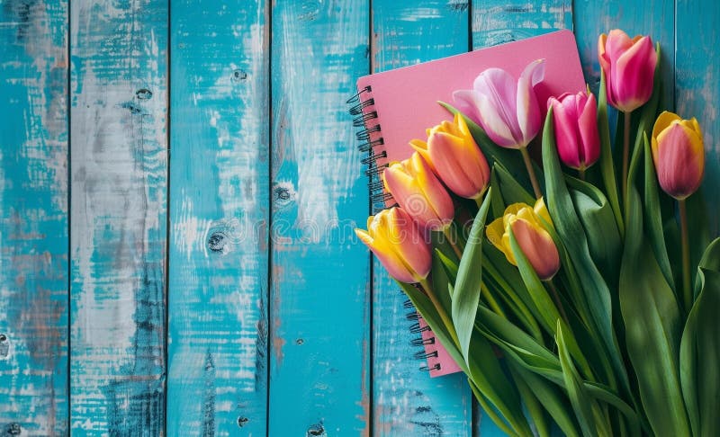 Spring Tulips Bouquet with Colorful Note on Rustic Wooden Background ...