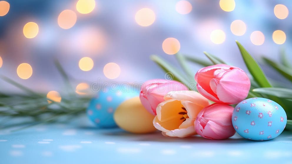 Spring Tulips and Easter Eggs with Bokeh Lights in the Background ...