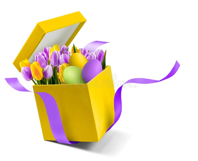 Yellow Open Gift Box Purple Ribbon Isolated White Flying Stock Photos ...