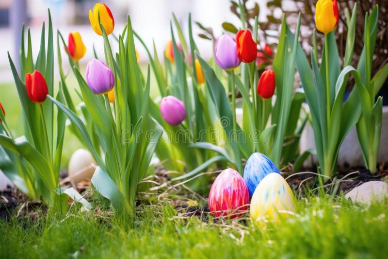 Spring Tulips Emerging from a Patch of Grass with Hidden Easter Eggs ...