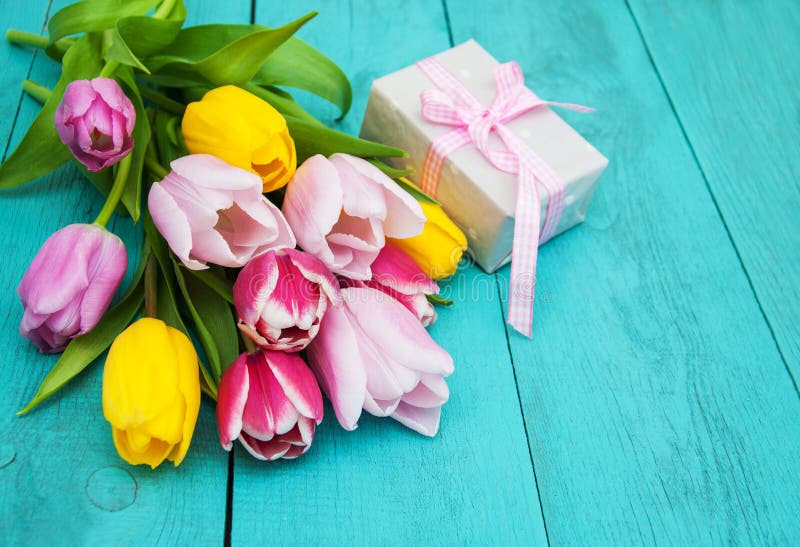 Spring Tulips Flowers and Gift Box Stock Image - Image of celebration ...
