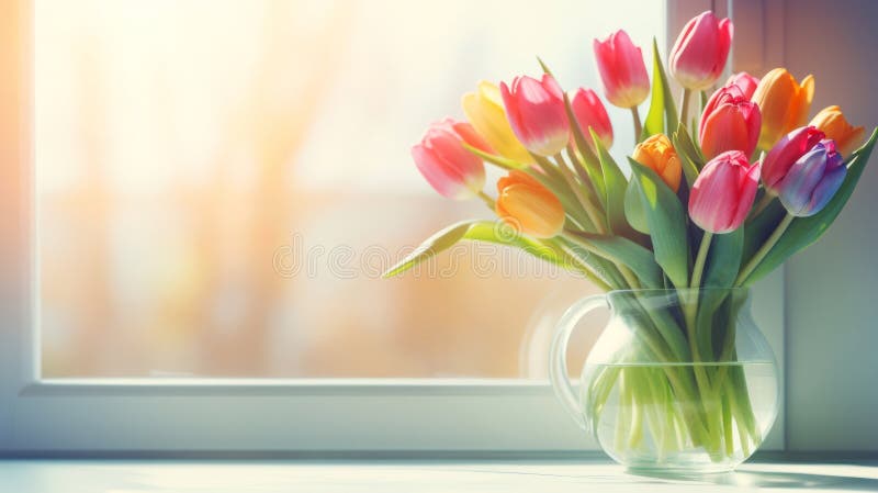 Spring Tulips in Sunlight, Transparent Vase on a Bright Windowsill ...
