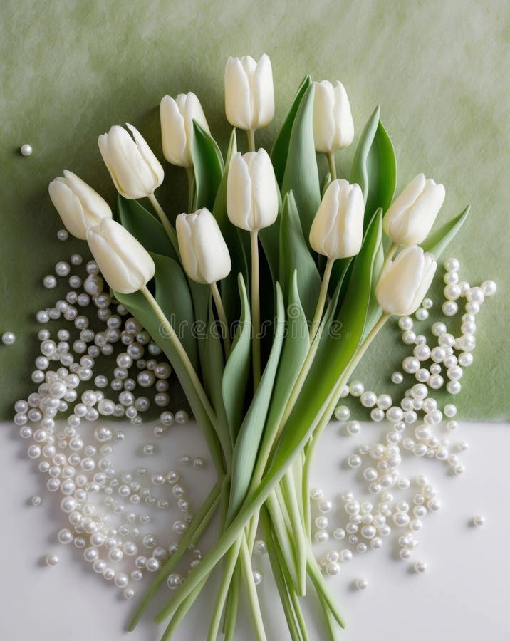 Spring Tulips Surrounded by Pearls on a Soft Green Background. Stock ...