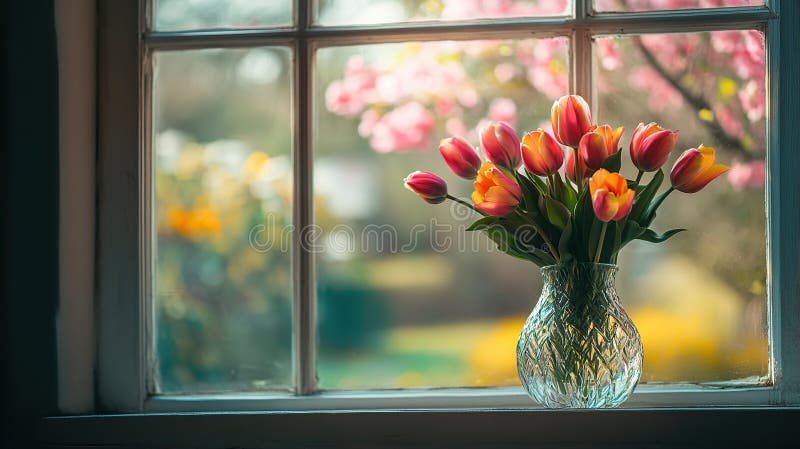 Spring Tulips Vase Windowsill Garden View Stock Image - Image of color ...