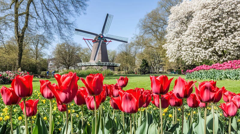 Windmill Park in a Field of Tulip Flowers, Drone Aerial View of ...