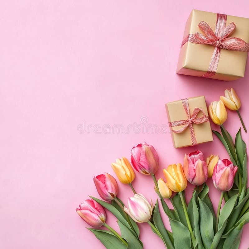 Spring Tulips Wrapped Gift Boxes Pink Background Celebrations Stock ...