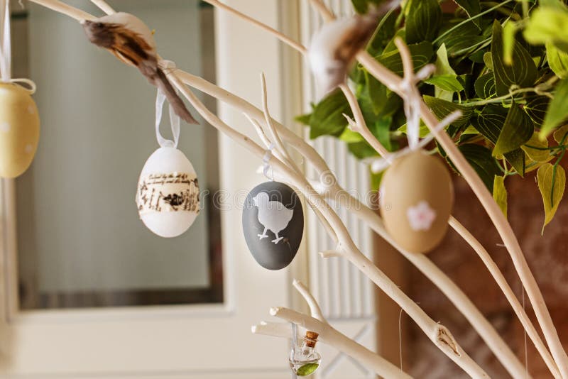 Spring Twig with Easter Eggs for Holiday Arrangement in Home Interior ...