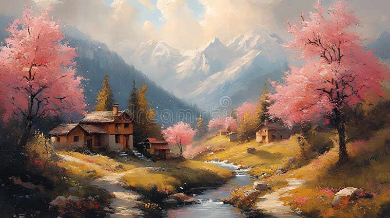 Spring Valley Mountain Cottage Stream Landscape Painting Stock ...