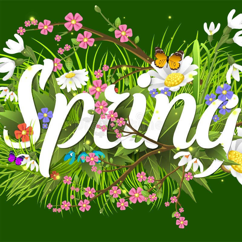 Spring Vector Text Lettering Background with Flower Floral Green Text ...