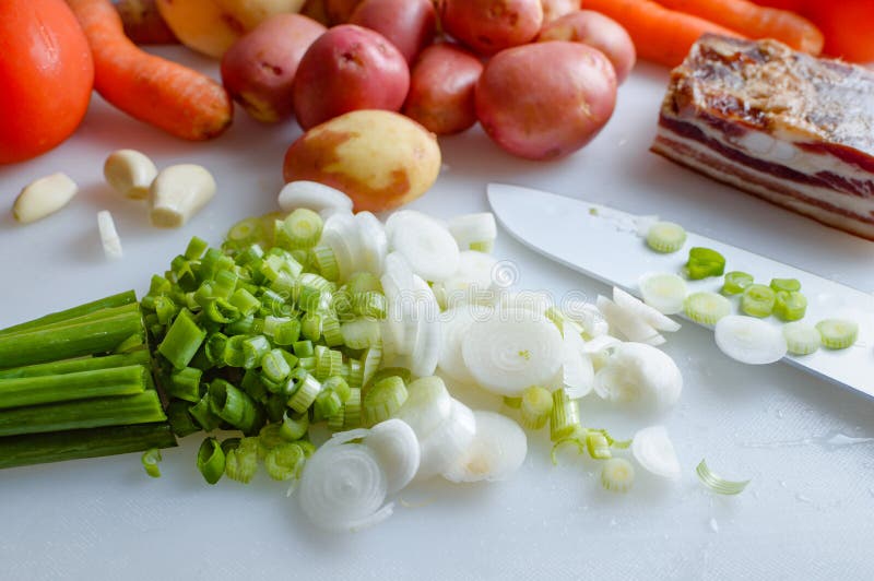 Spring Vegetables and Bacon on the Kitchen Table. Stock Image - Image ...