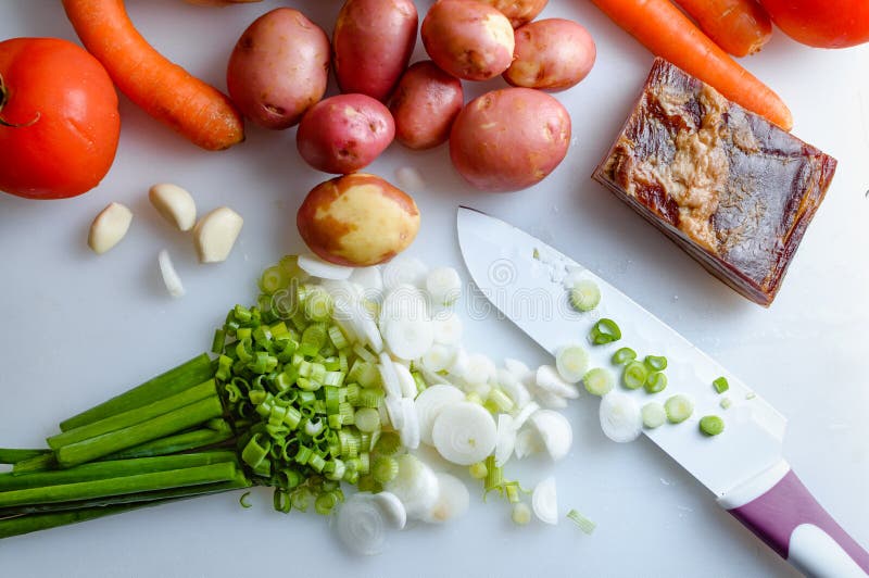Spring Vegetables and Bacon on the Kitchen Table. Stock Image - Image ...