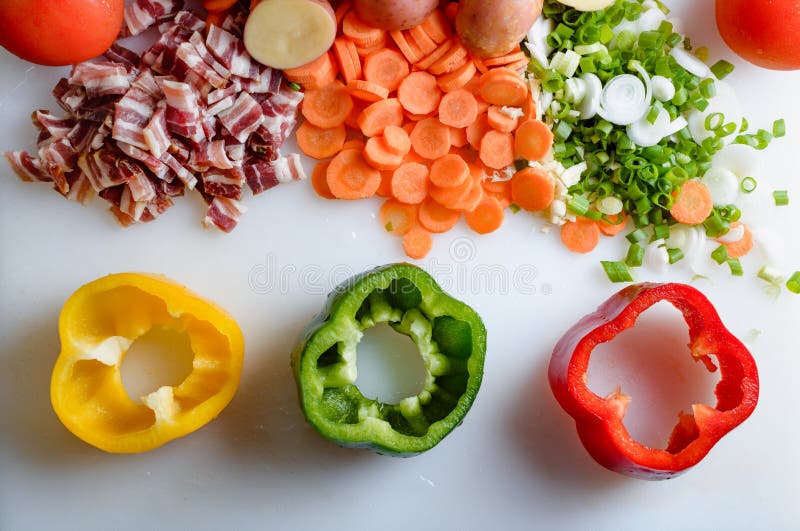 Spring Vegetables and Bacon on the Kitchen Table. Stock Photo - Image ...