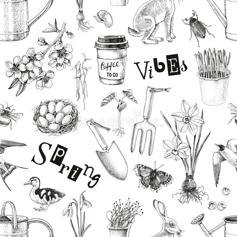 Spring Vibes Hand Drawn Seamless Pattern Stock Illustration ...