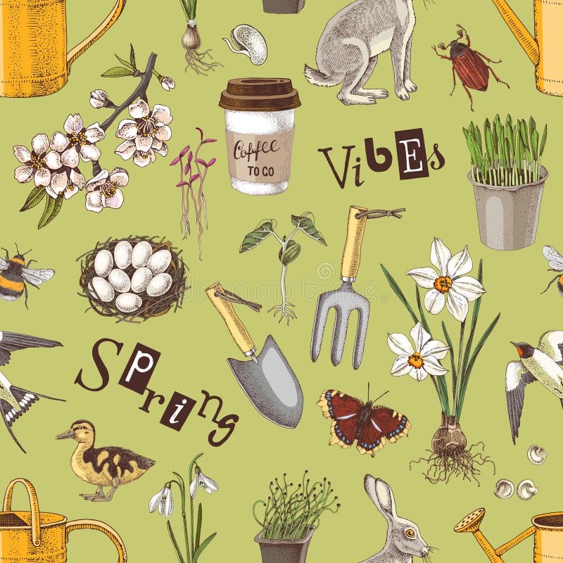 Spring Vibes Hand Drawn Seamless Pattern Stock Vector - Illustration of ...