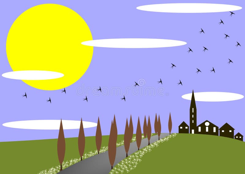 Artistic Village with Sun and Isolated Stock Vector - Illustration of ...