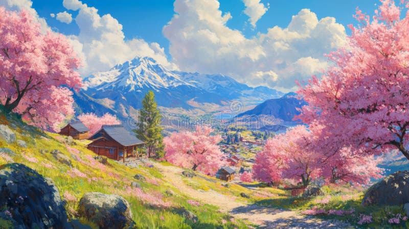 Spring Village with Cherry Blossoms and Mountains Stock Illustration ...