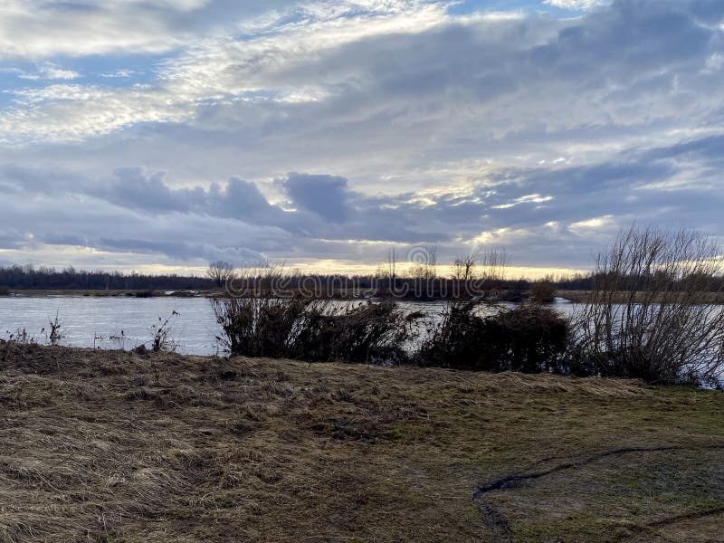 Spring Village Landscape: Sky in the Clouds, Dry Grass on the Field and ...