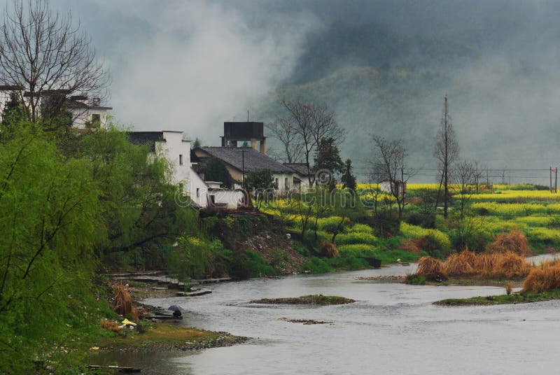 Spring in Village with River Stock Image - Image of chimneys, country ...