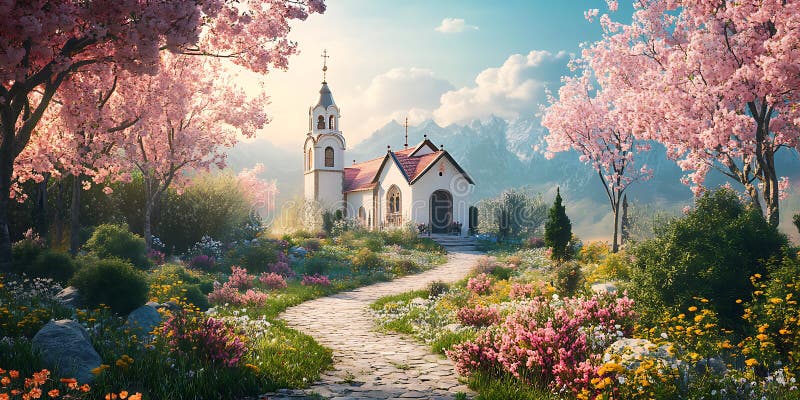 Spring Village Scene Cherry Blossoms Path and Houses Stock Illustration ...