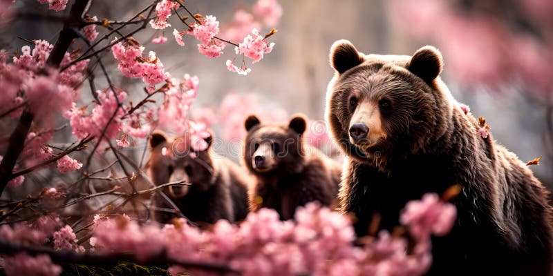 Spring Walk of Bears among Blossoming Trees. Generative AI Stock Photo ...