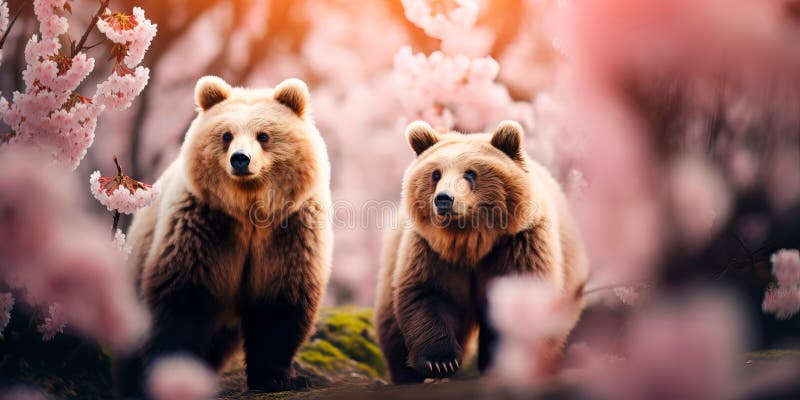Spring Walk of Bears among Blossoming Trees. Generative AI Stock Image ...