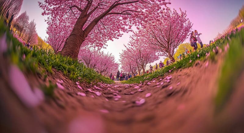 In the Spring, Walking on a Winding Path Under Blooming Cherry Blossoms ...