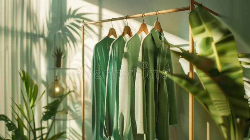 A Spring Wardrobe in Rich Green Tones on a Hanger with a Minimalist ...