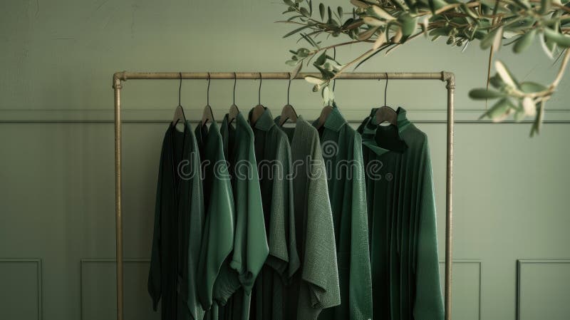 A Spring Wardrobe in Rich Green Tones on a Hanger with a Minimalist ...