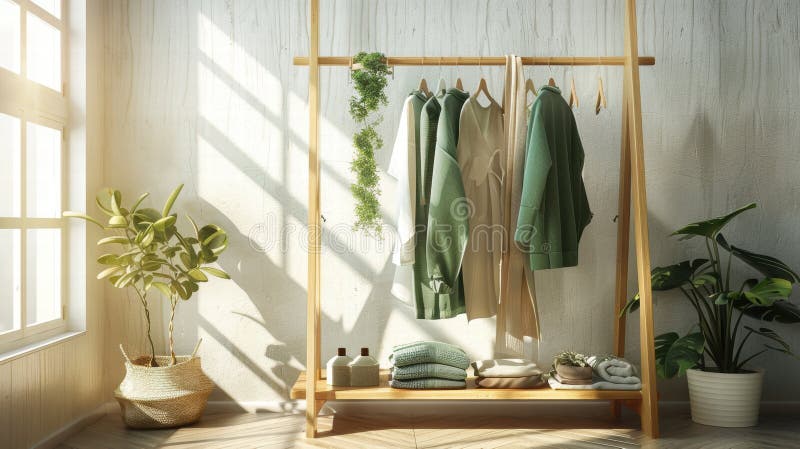 A Spring Wardrobe in Rich Green Tones on a Hanger with a Minimalist ...