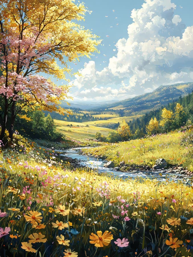 Spring Watercolor Depicting a Scene with Trees and a Stream Stock ...