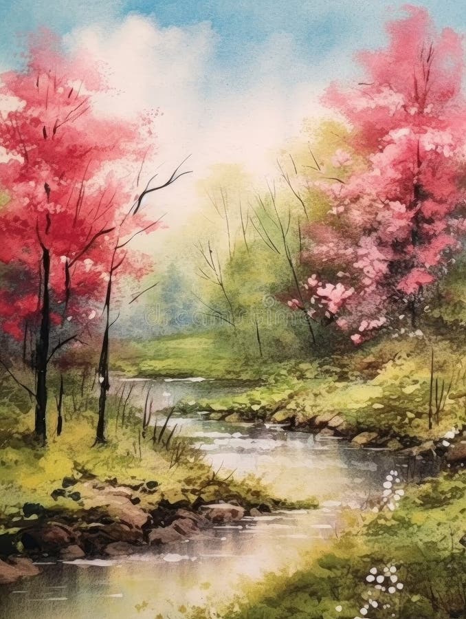 Spring Watercolor Landscape Depicting Trees and a Stream Stock ...