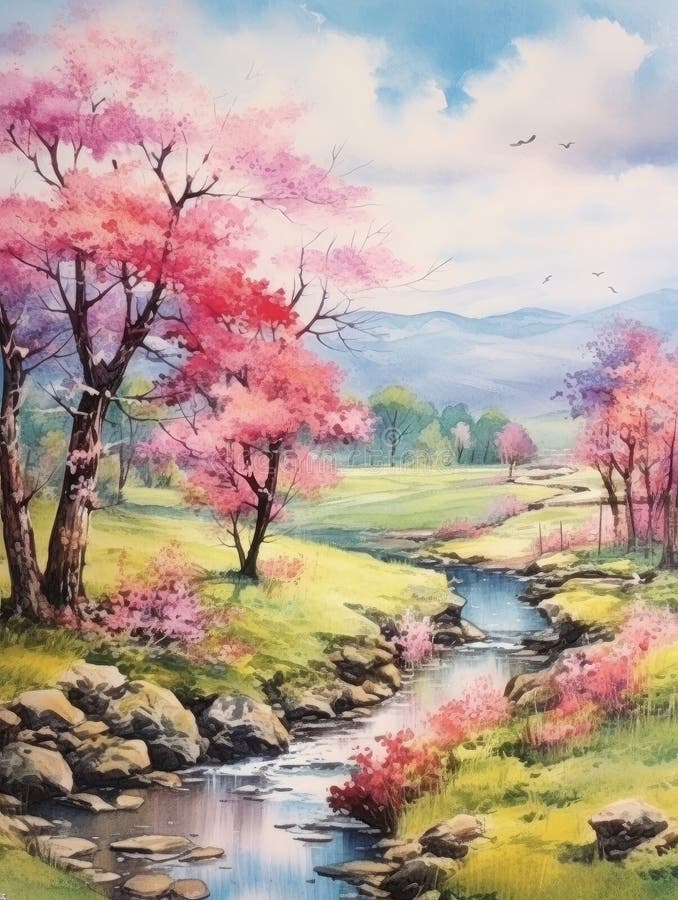 Spring Watercolor Landscape Depicting Trees and a Stream Stock ...