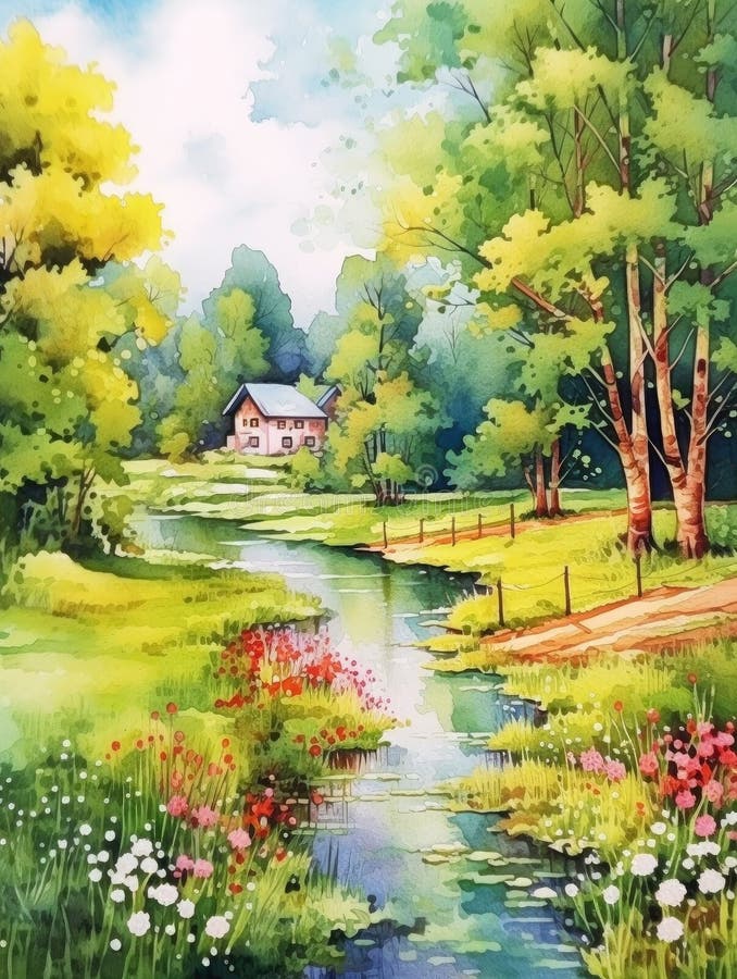 Spring Watercolor Landscape Depicting Trees and a Stream Stock ...