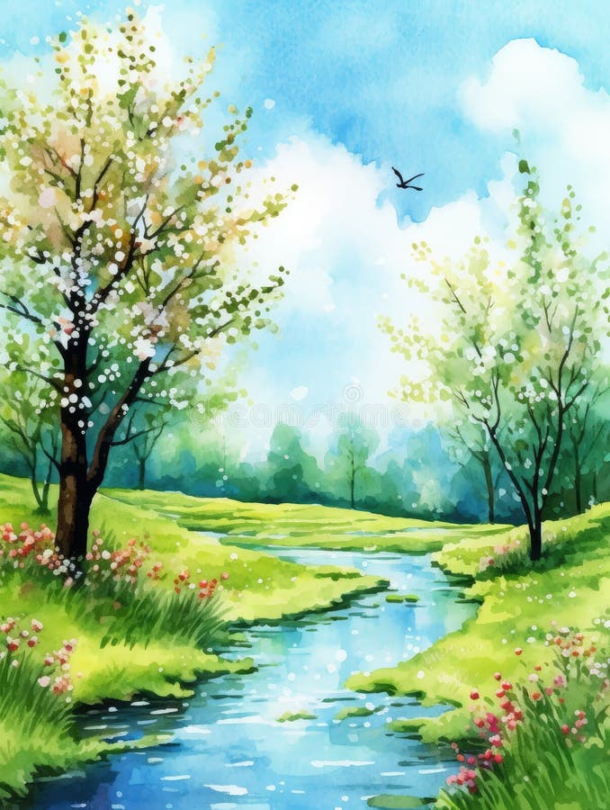 Spring Watercolor Landscape Depicting Trees and a Stream Stock ...