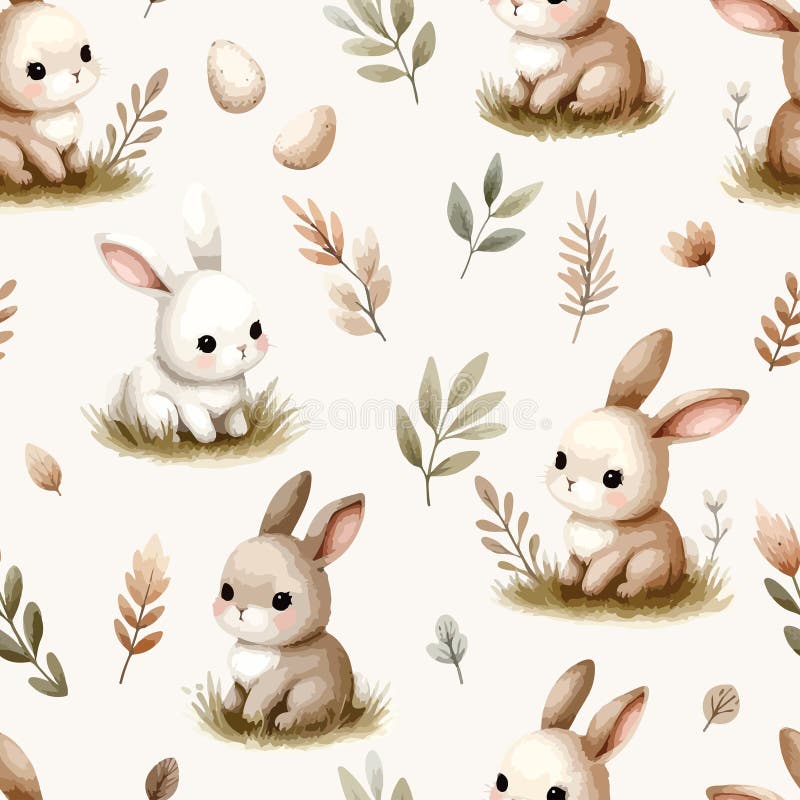 Spring Watercolor Seamless Pattern with Cute Bunny. Happy Easter Print ...