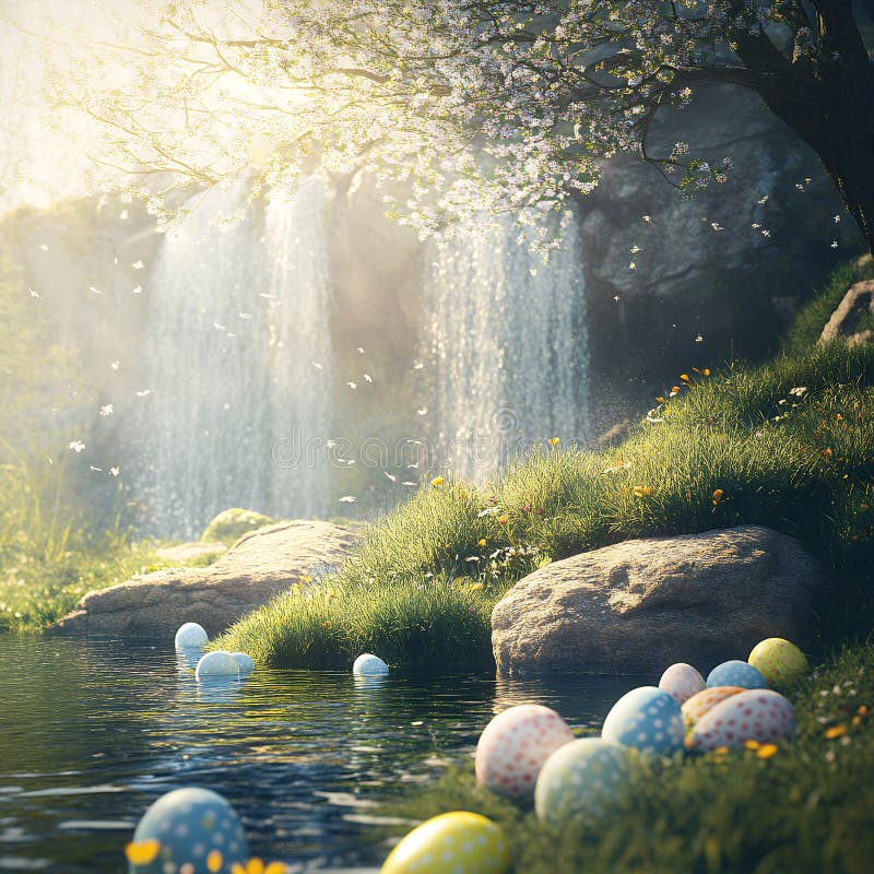 Spring Waterfall Scene Pastel Easter Eggs Nature Art Tree Calm Rocks ...