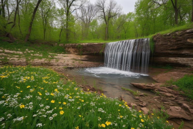 Spring Waterfall Surrounded by Blooming Wildflowers Stock Illustration ...