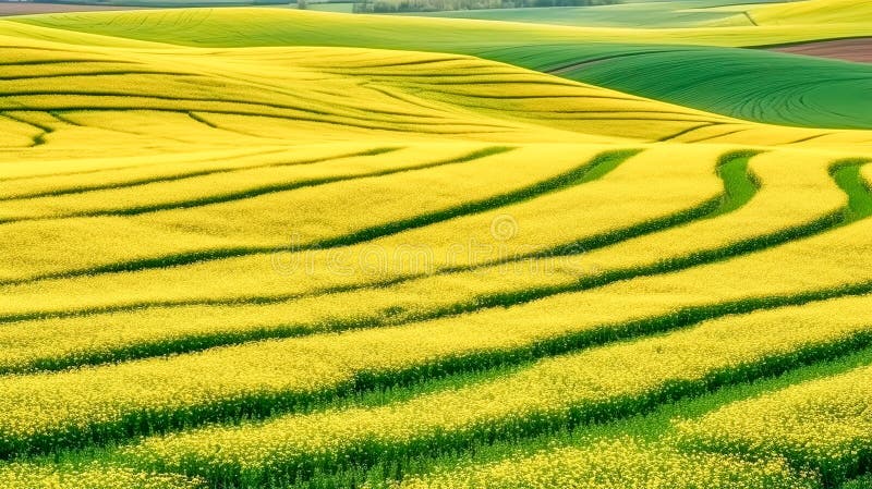 Spring Wavy Yellow Rapeseed Field with Stripes, Generative AI. Stock ...