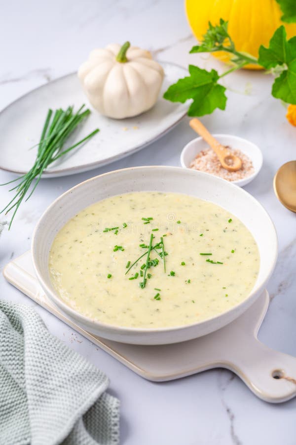 Spring White Creamy Zucchini Soup with Herbs Stock Photo - Image of ...