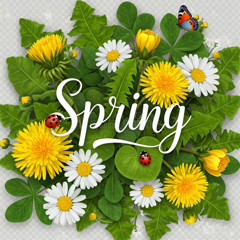 "Spring" in White Cursive Surrounded by Lush Flowers and Bugs Stock ...