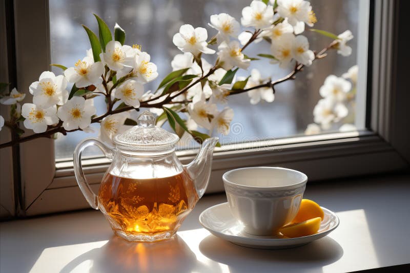 Spring White Flowers, a Cup and a Teapot on the Windowsill Against the ...